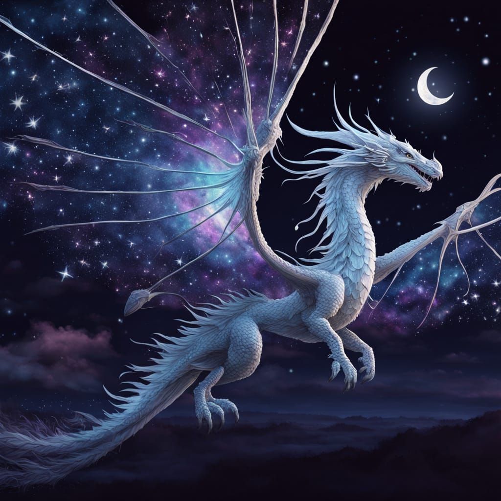 Dreamy Lunar Dragon with Shimmering Starlight Wing... - AI Art