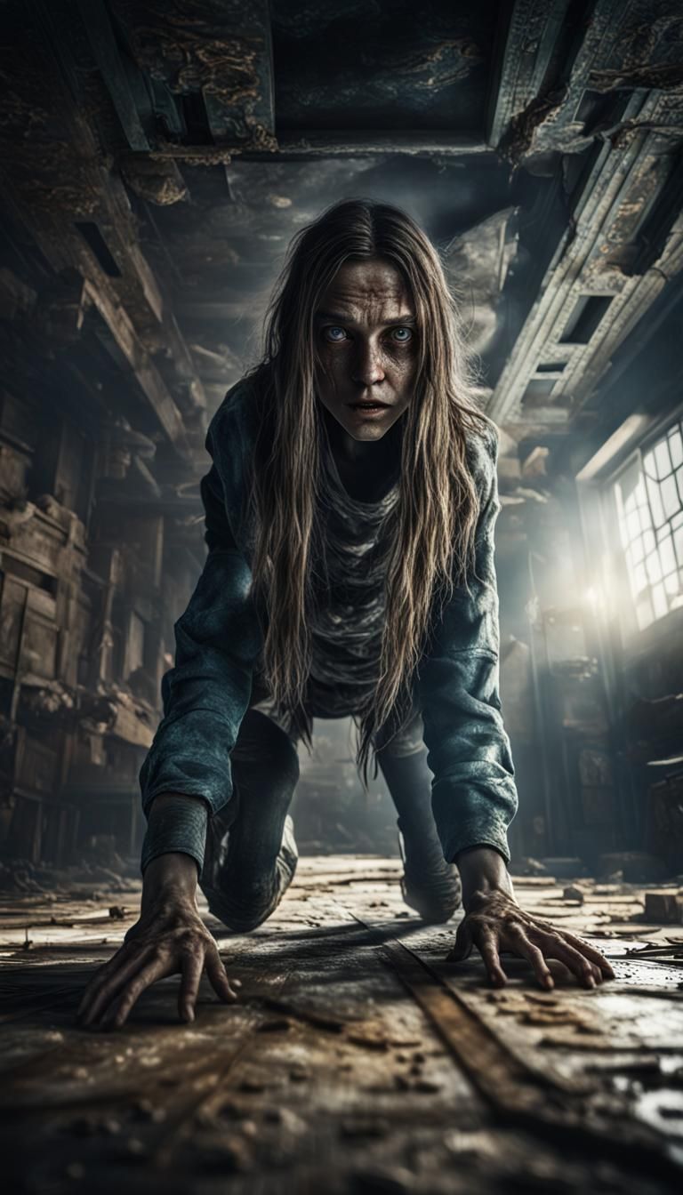 Scary Girl with long hair and worn clothes crawling like a spider the ...