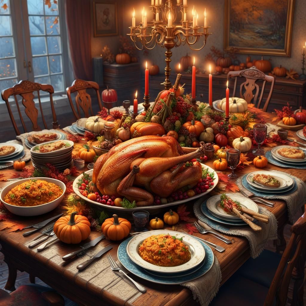 4k resolution photograph of an intricately detailed Thanksgiving table ...