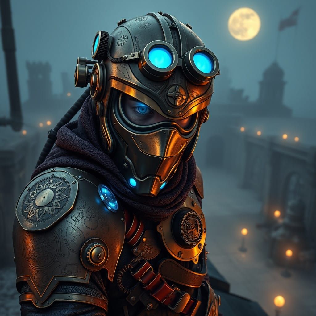 Steampunk Ninja Scout on Rooftop in Brass-Plated A... - AI Art