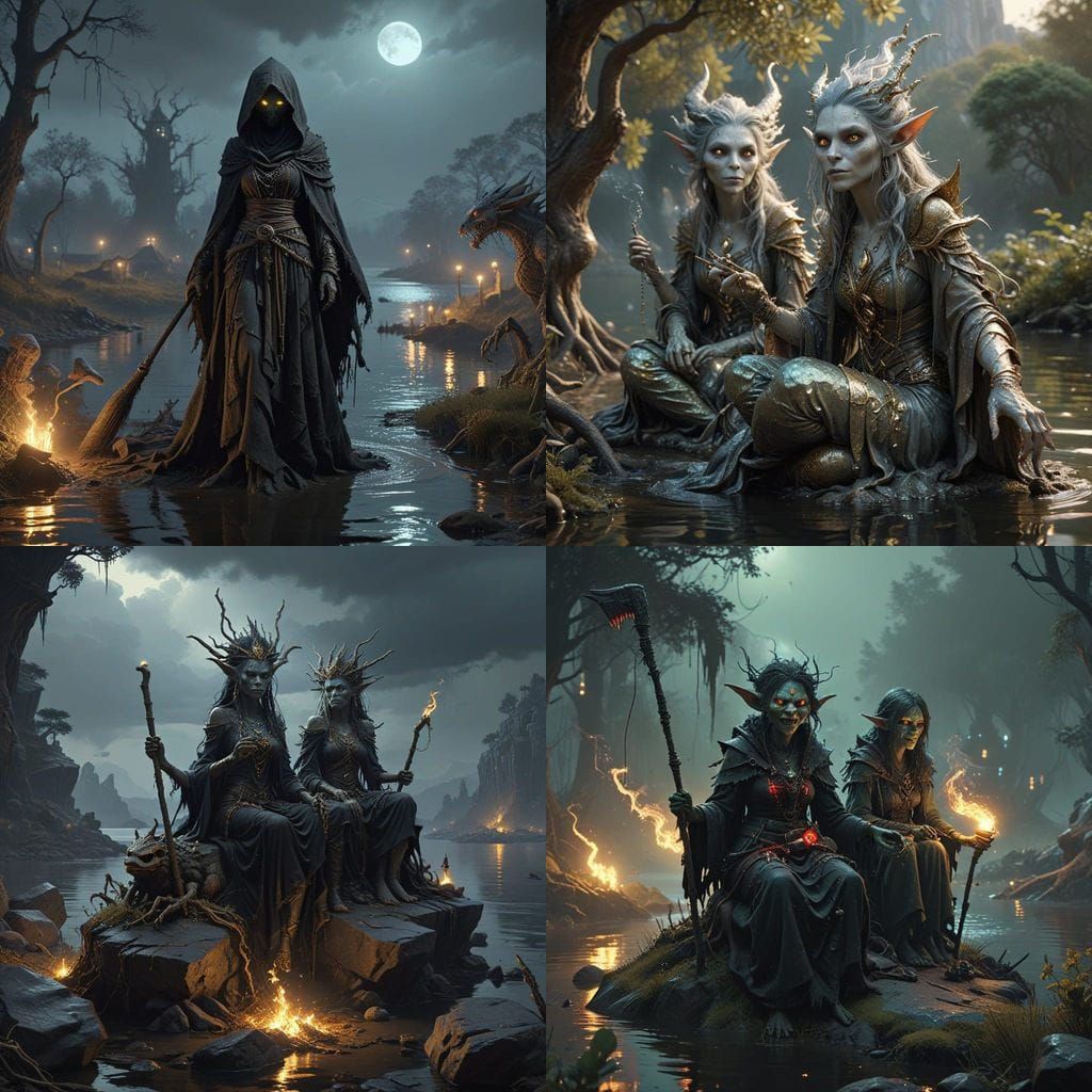 Hyperrealistic Scene of a Witch, Gremlin, and Lake... - AI Art
