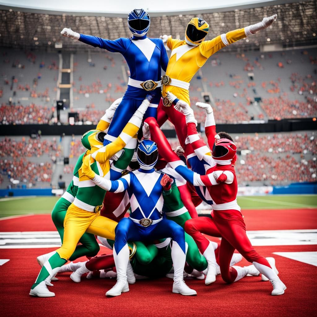 different colored power rangers making a human pyramid in a stadium ...