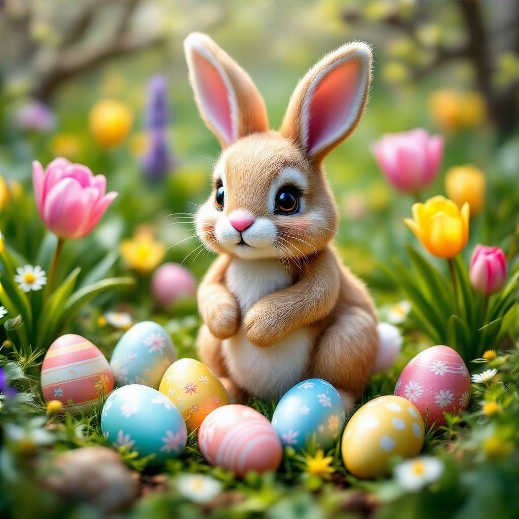 Cutest Easter Bunny ever made surrounded by Easter eggs in a garden so ...