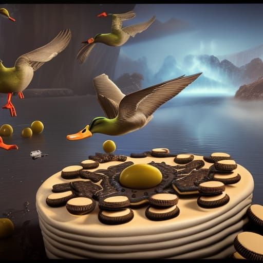 ducks eating cake with oreos - AI Generated Artwork - NightCafe Creator