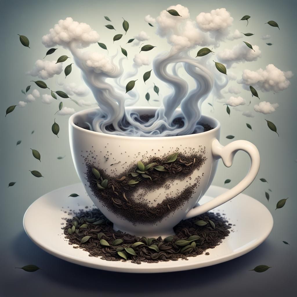 A chaotic and surreal depiction of a tiny storm brewing inside a teacup ...