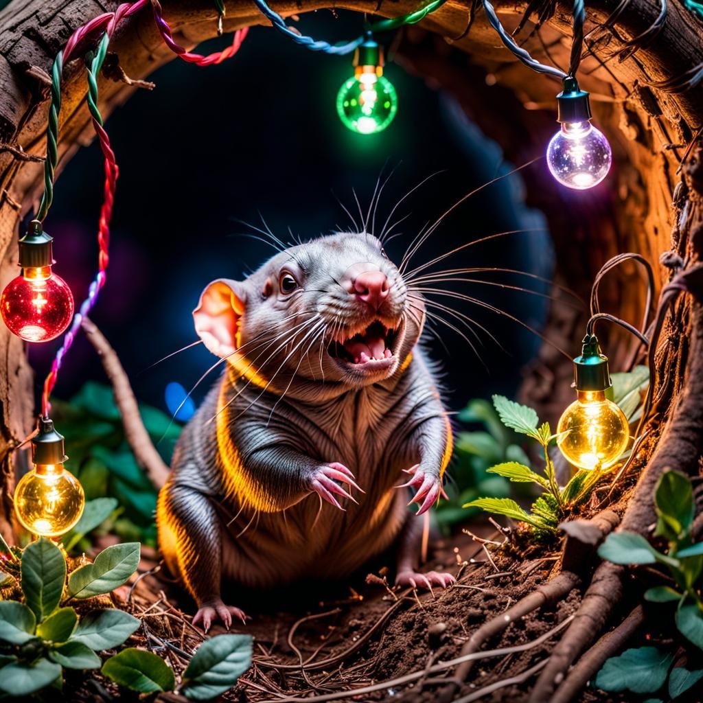 A happy laughing hairless mole-rat decorating his underground burrow ...