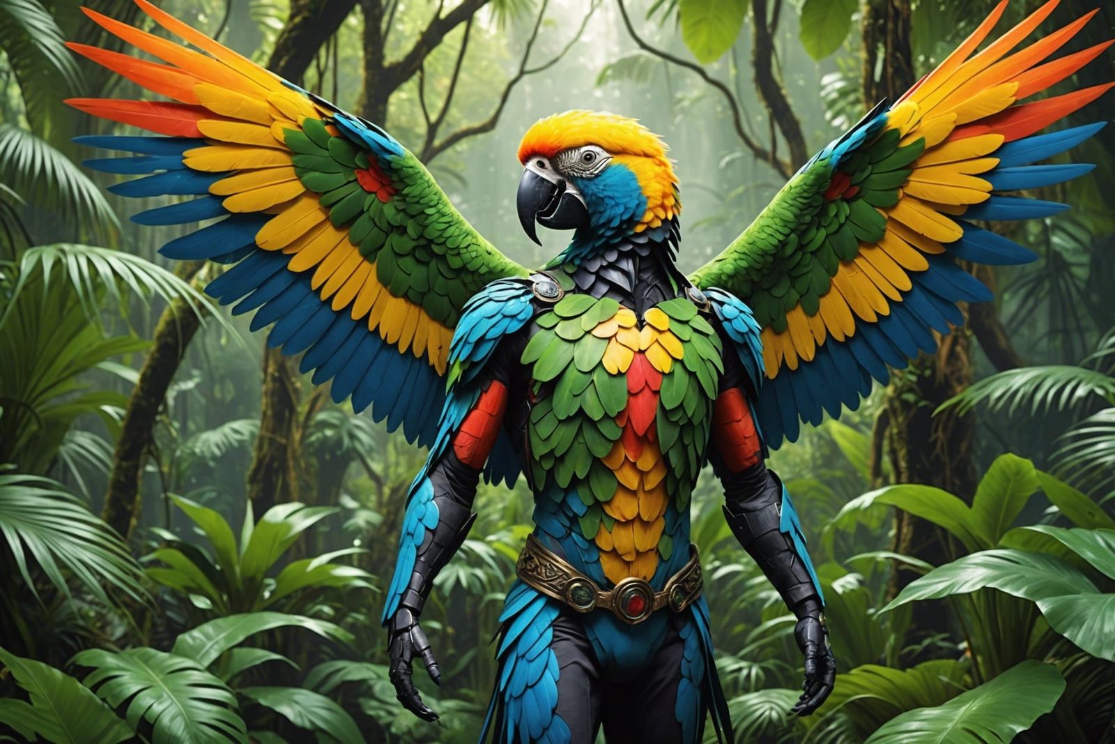 A human fused with a parrot, bright colourful wings on a human form ...