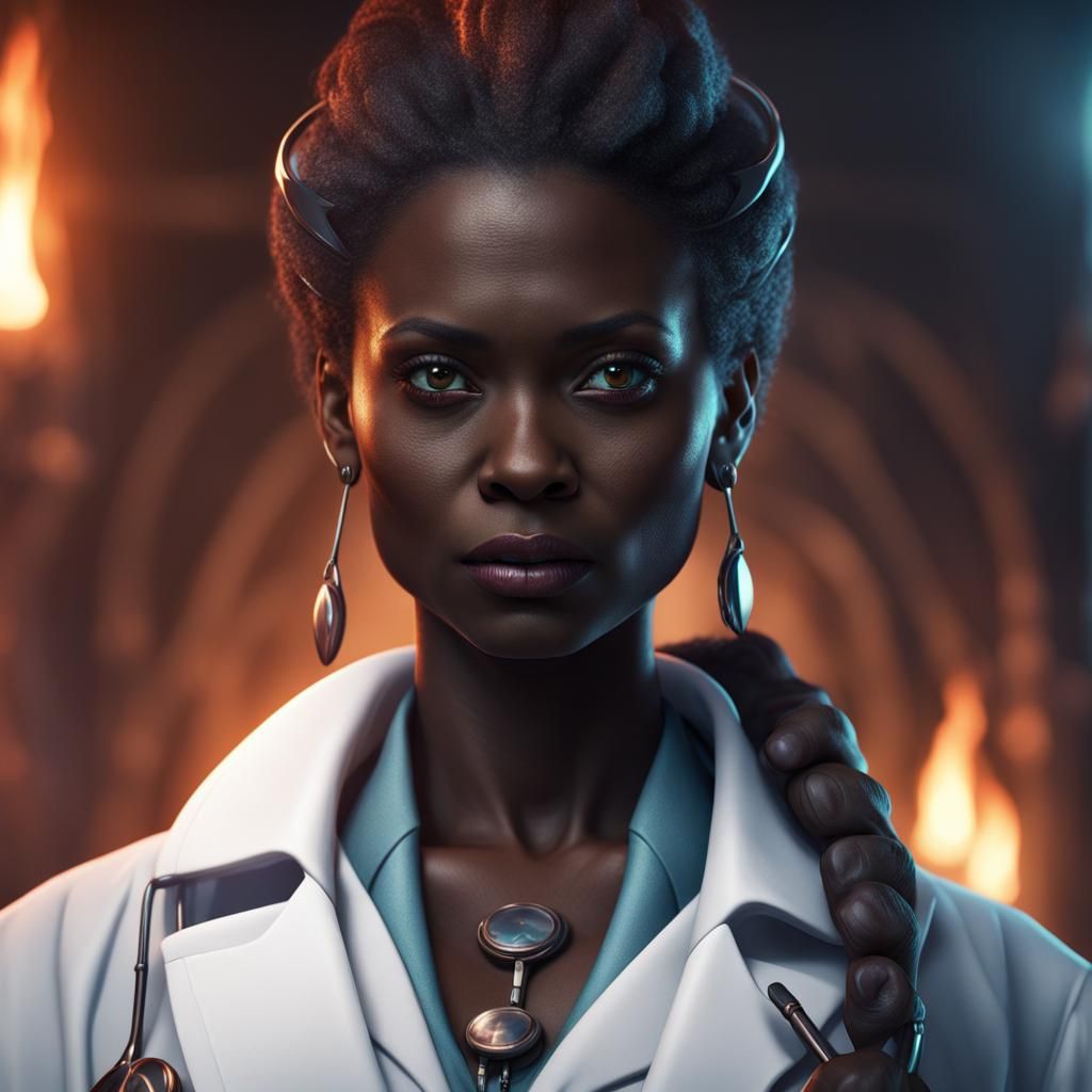 dark skinned Female demon doctor in a white coat - AI Generated Artwork ...