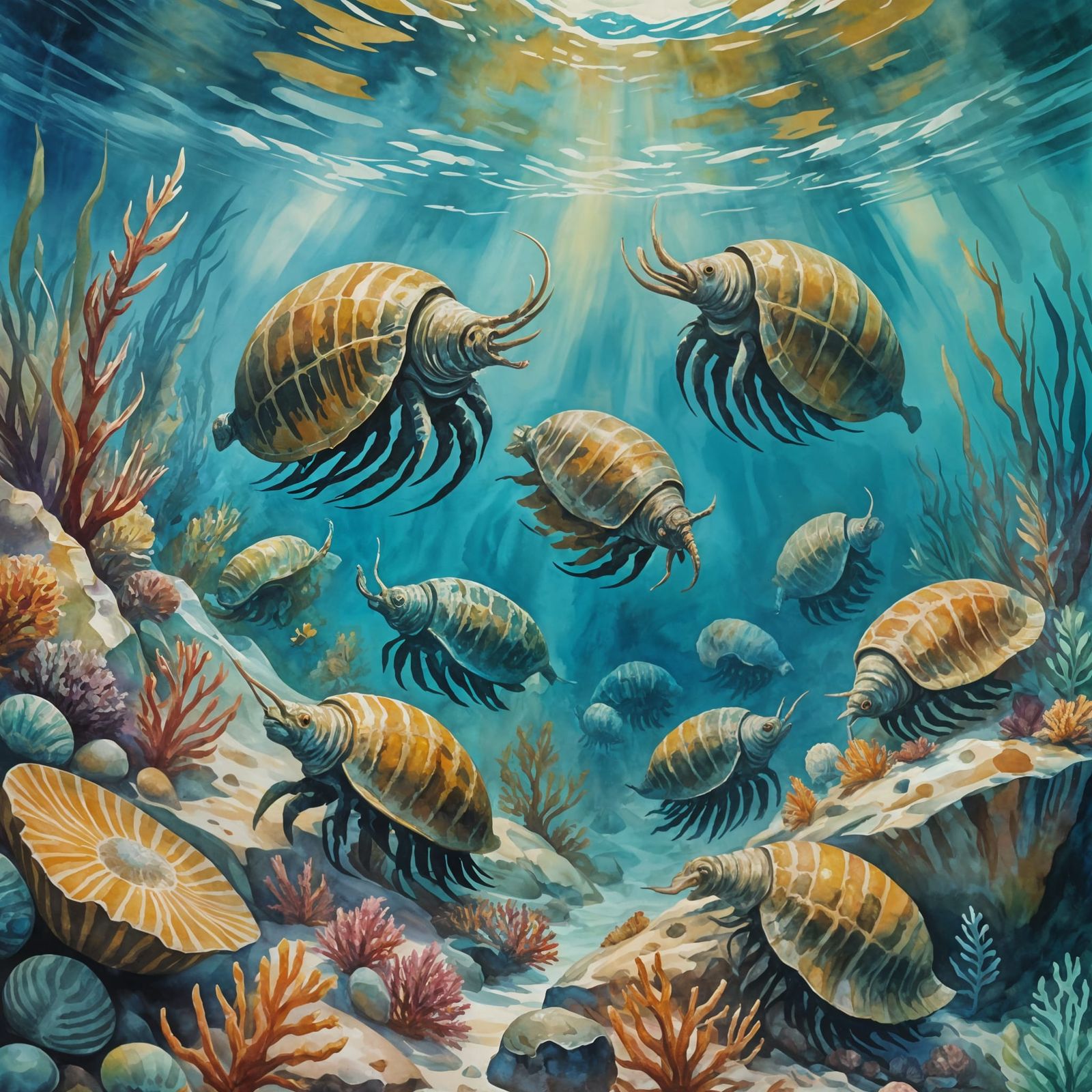 A group of trilobites swimming about with their day