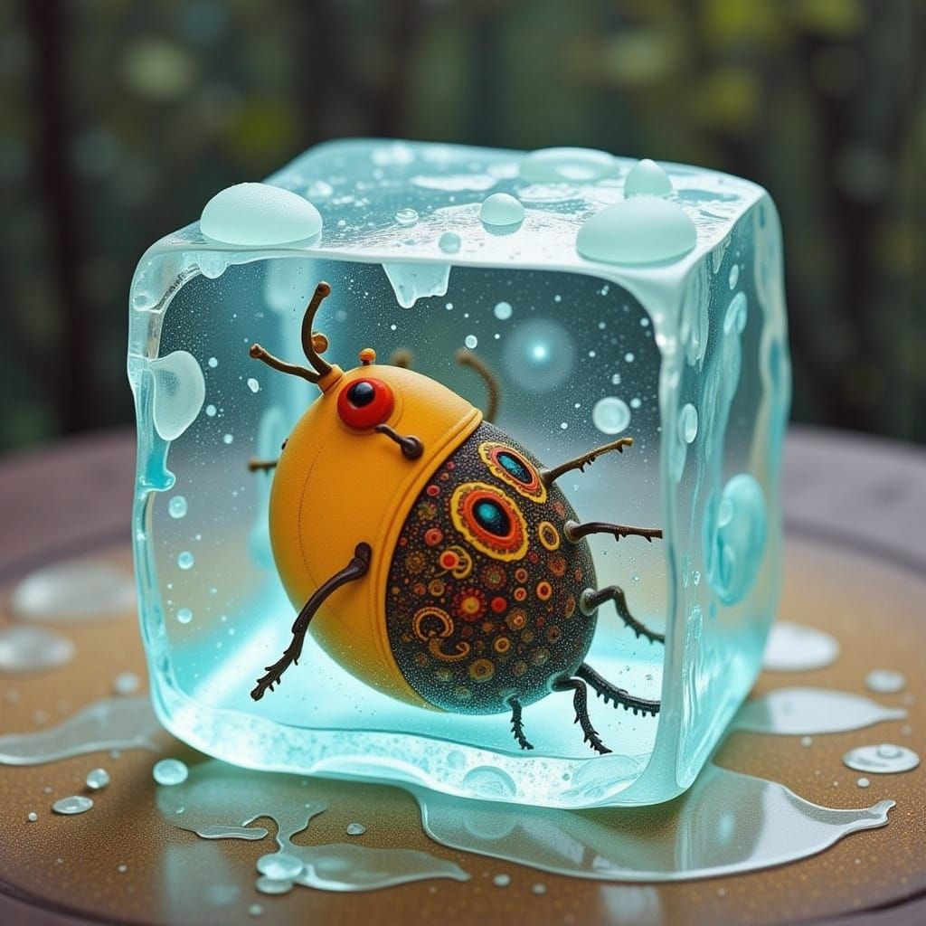 Surreal Cartoon Cicada Bug Melts Inside Ice Cube - AI Art