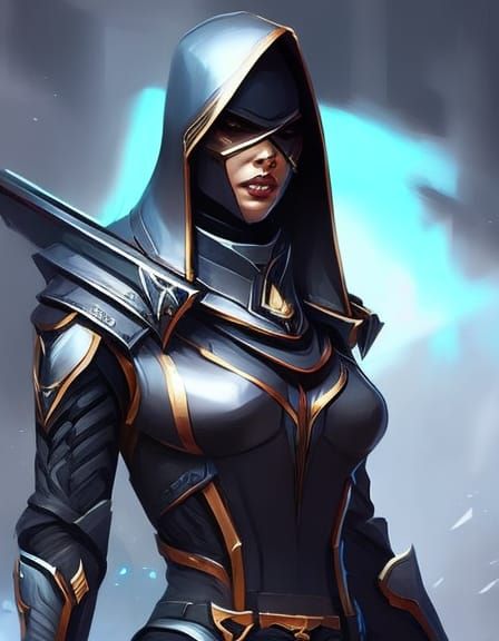 portrait of sleek elegant black mech female assassin, gold and white ...