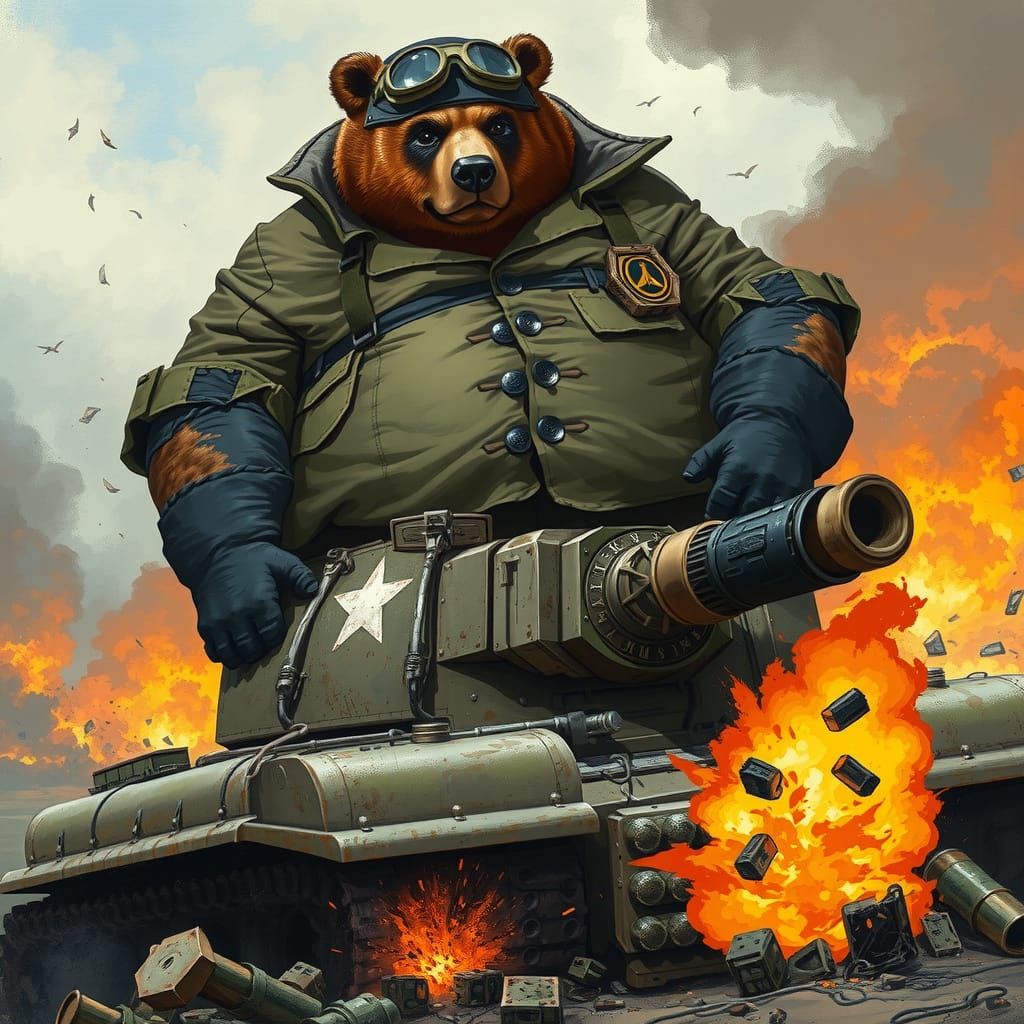 Gritty War Zone Bear Amid Explosions and Flames - AI Art