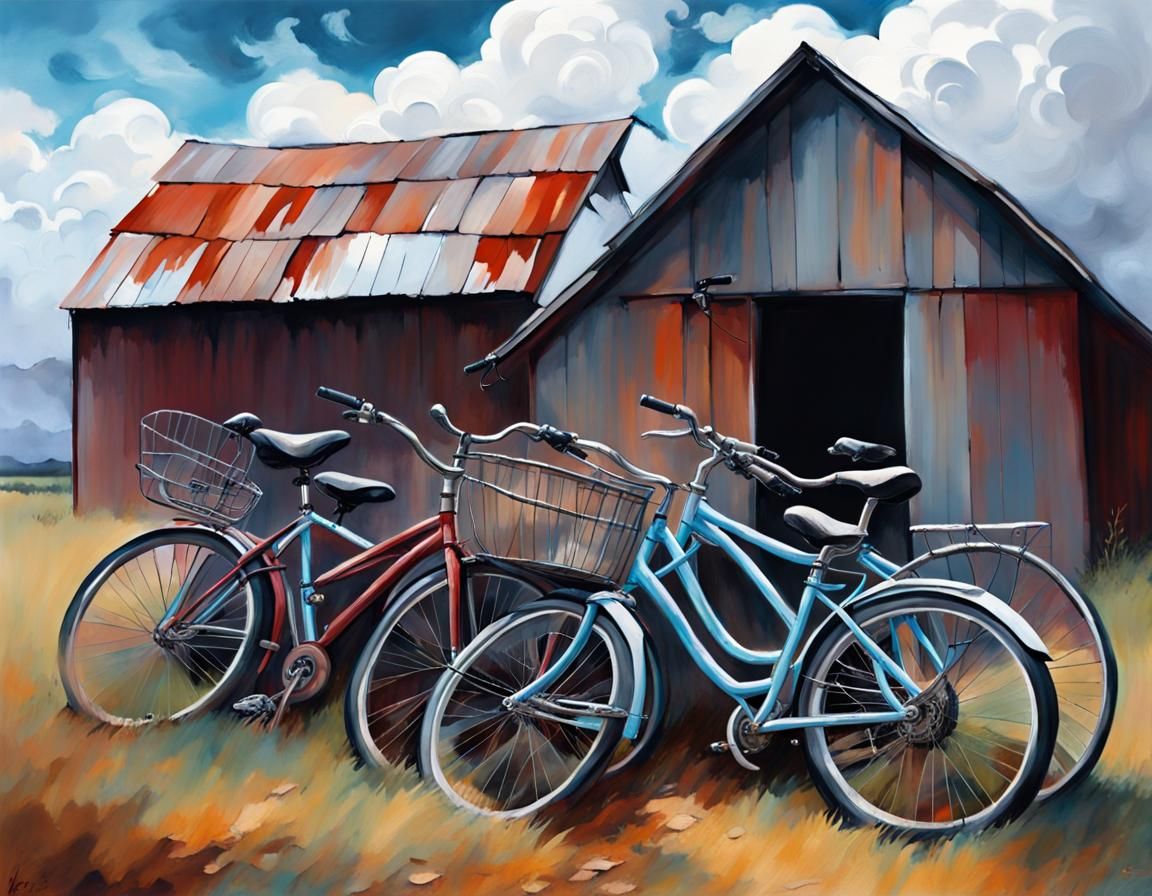 "bicycles" bicycles leaning against the barn, inspired by guweiz, royo, amano, Song Maojin ...