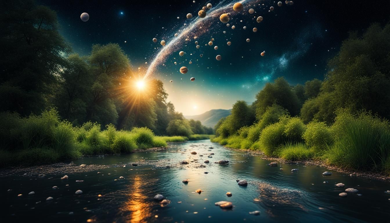 beautiful river exploding with life and fish in outer space after the big bang gave birth to the ...