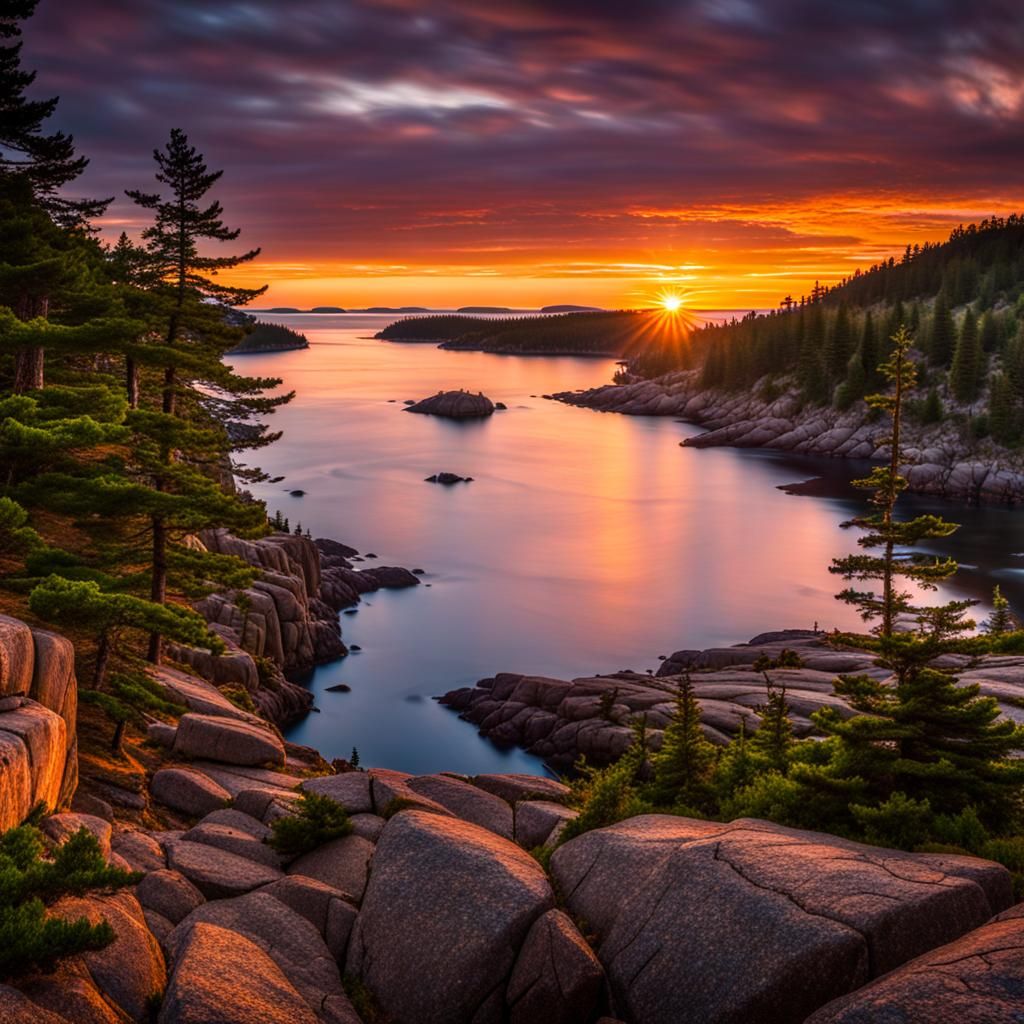 Acadia National Park: A serene sunset with dramatic sky over the rugged ...