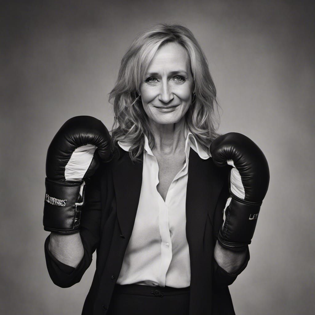 JK ROWLING WITH HER FISTS UP WEAARING BOXING GLOVES SMILING - AI ...