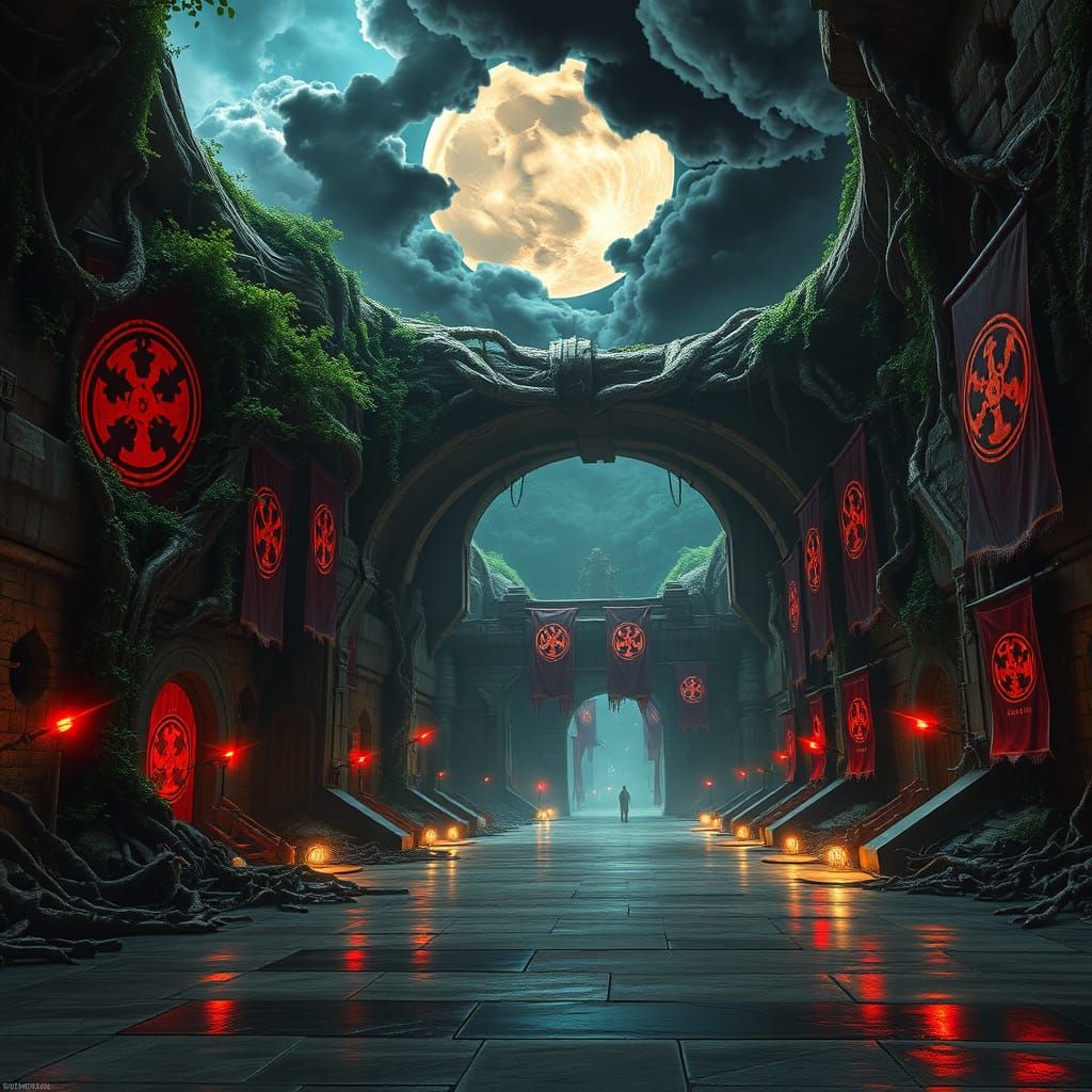 Ancient Sith Hangar on Yavin IV, Overgrown with Vi... - AI Art