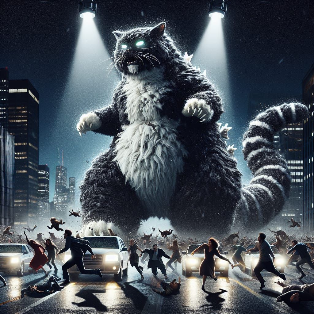 A towering giant obese fluffy black and white Catzilla monster ...
