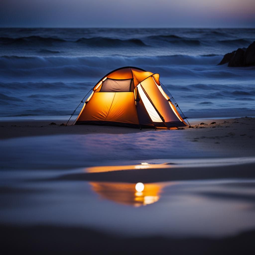 Camping on the beach in a pop up tent. Oceans waves gently rolling in ...