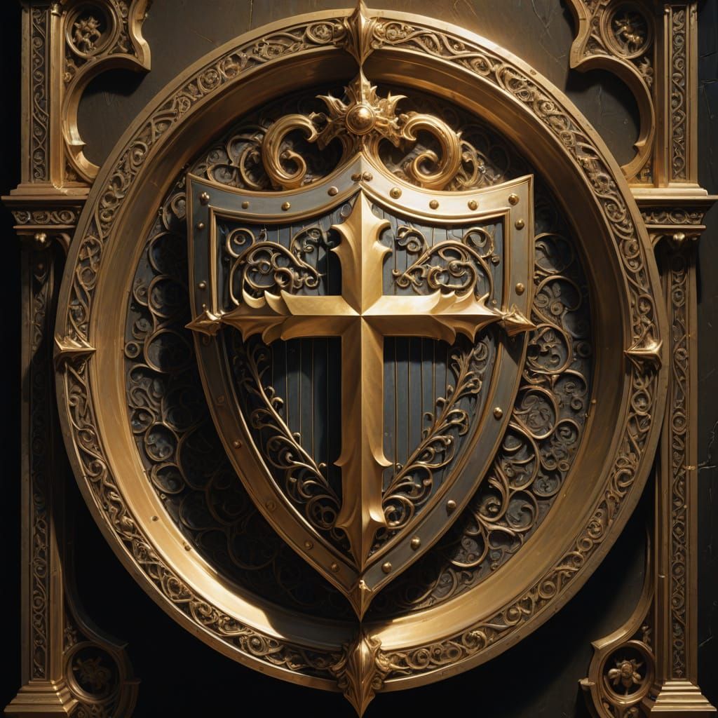 Gilded Shield of the Cup of Christ in Hyperrealist... - AI Art