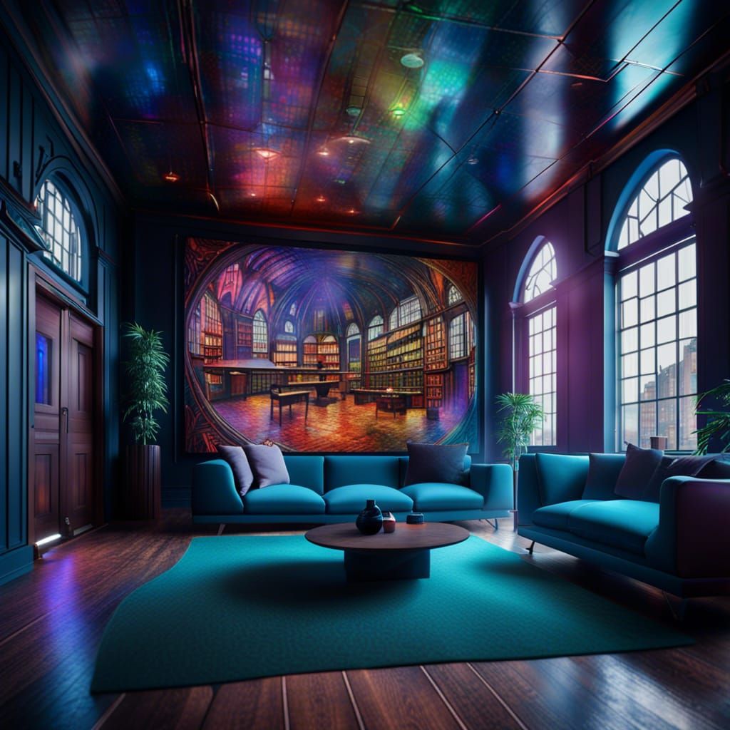 A high-tech living room with four holographic walls that create a vivid ...