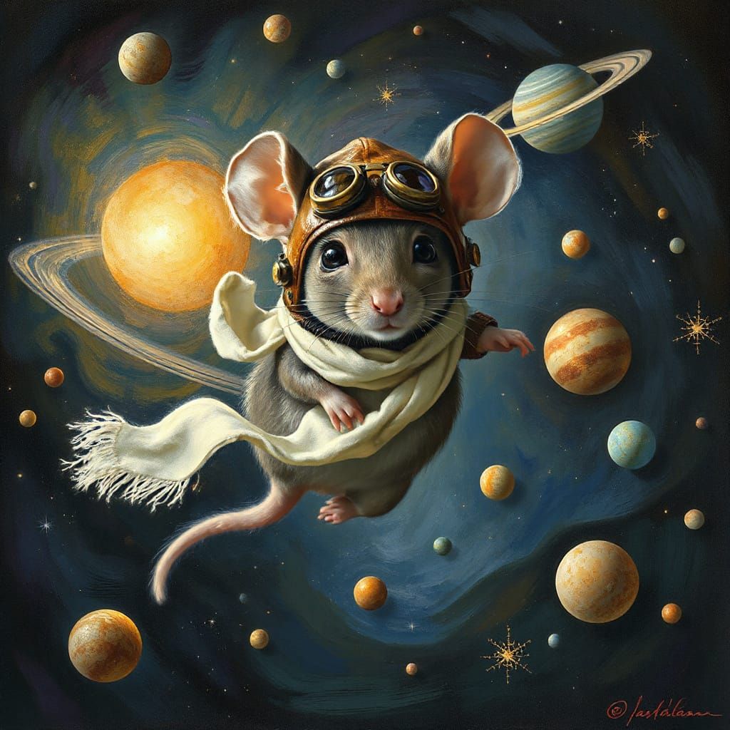 Mouse in Elongated Space Helmet Surfs Cosmic Vorte... - AI Art