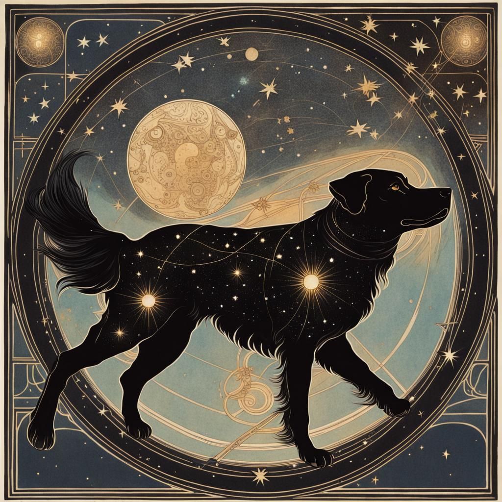 alfonso mucha black sirius dog made of stars with a constellation ...