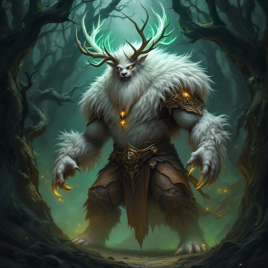 Majestic White Deer Beast Man in Dark Fantasy Sett... - AI Art