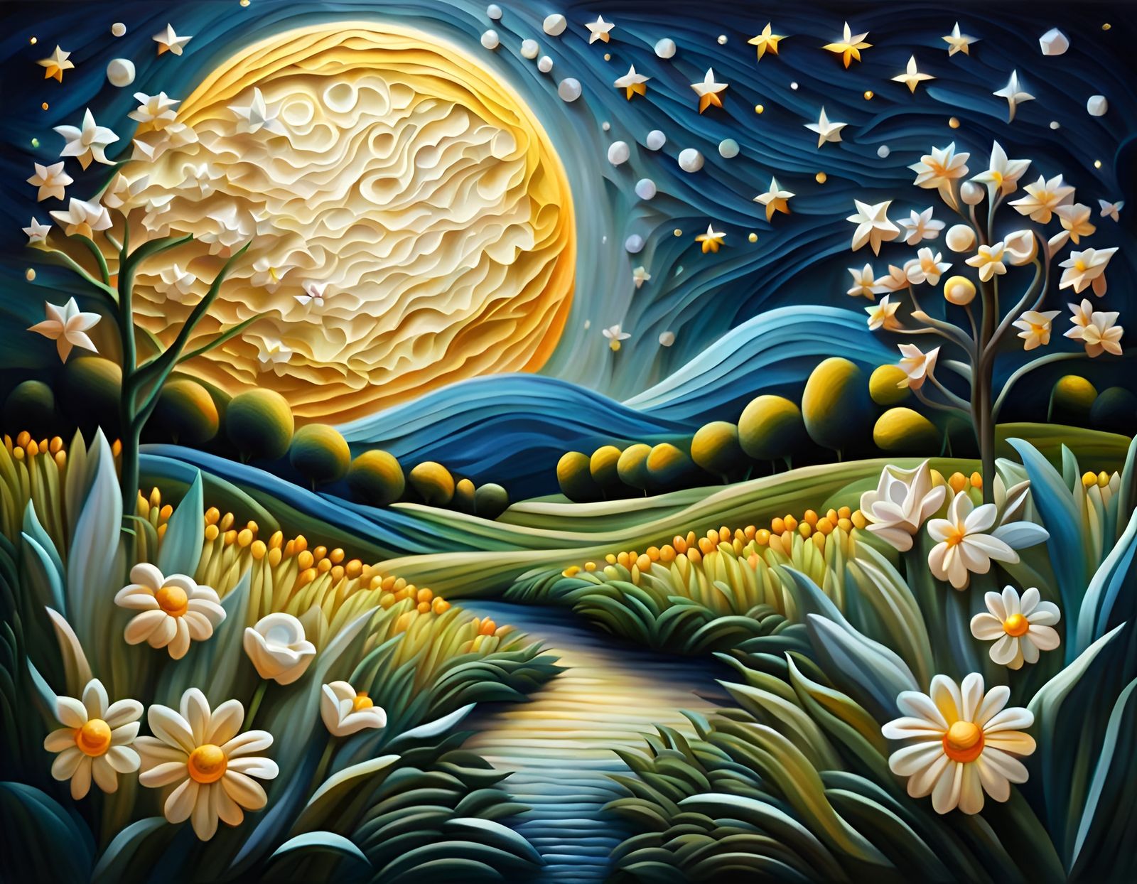 light colored flowering plants shine in the moonlight with a few stars ...