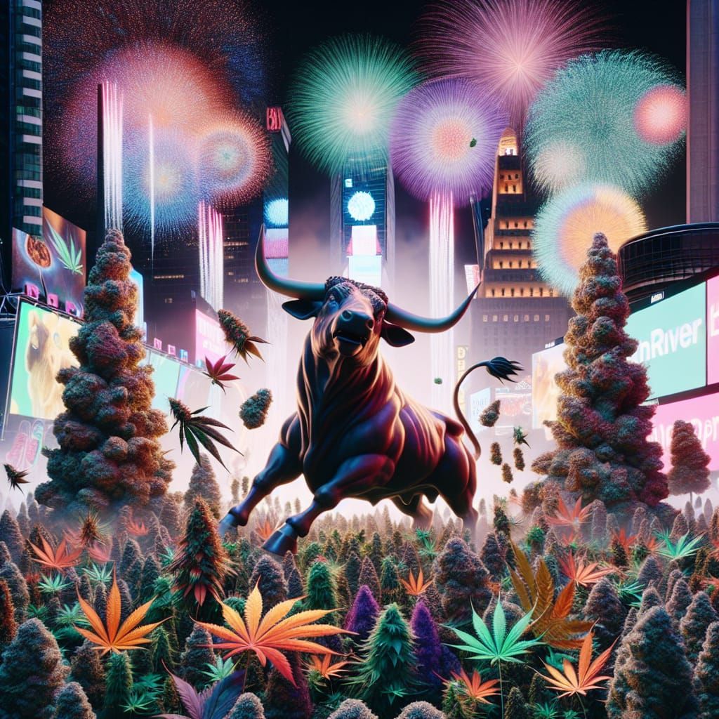 Ethereal New Year's Bull Amidst Vibrant Cannabis L... - AI Art