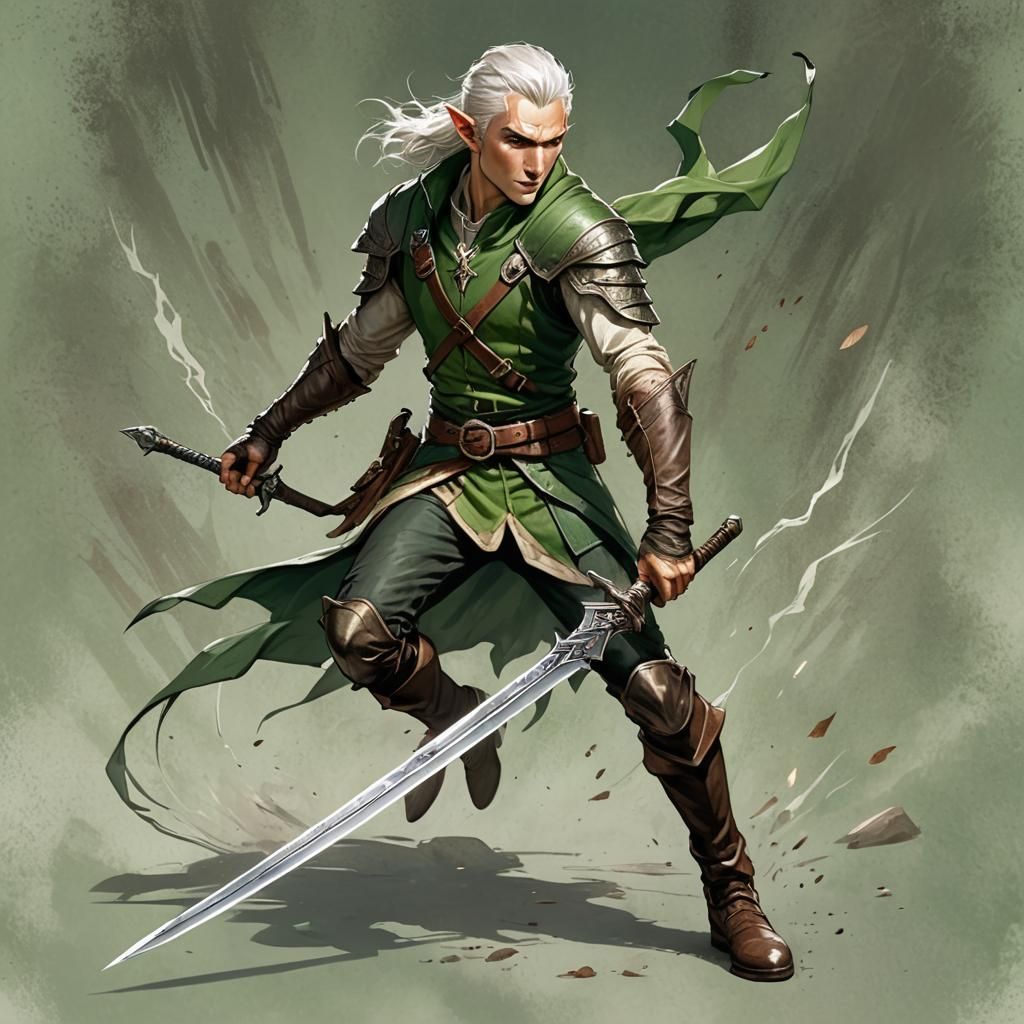 dynamic action pose. male DND battle-worn elf ranger in comic book art ...
