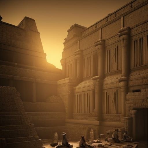 Photo-realistic portrait of low moon-lit shadows bathing the Aztec ...