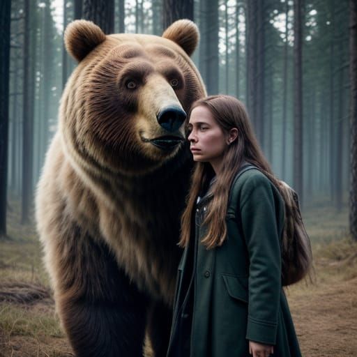 Woman and Majestic Bear Unite in Cinematic Forest ... - AI Art
