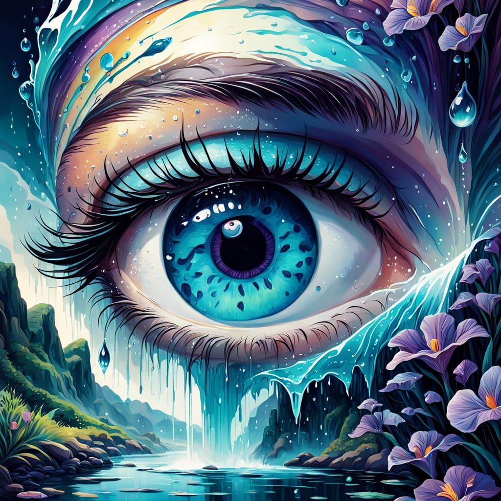 Dreamlike Eye with Waterfall and Fish in Vibrant T... - AI Art