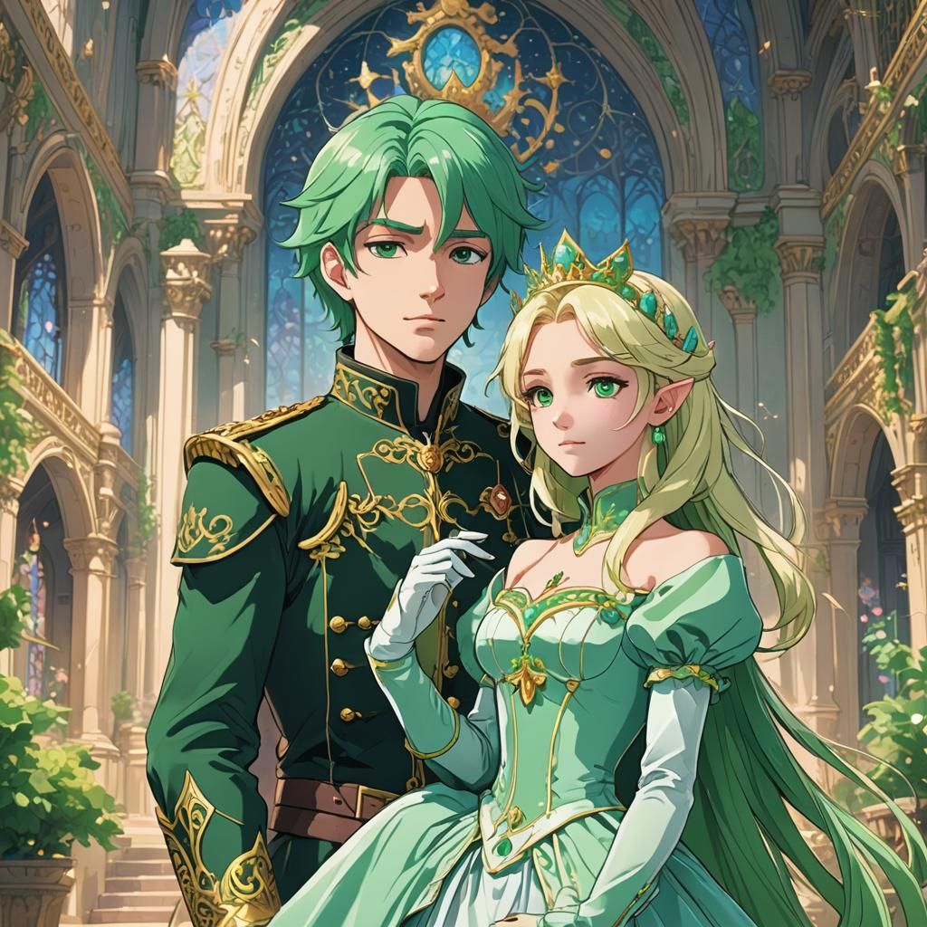 A green princess with green hair with her blonde prince in their pastel ...