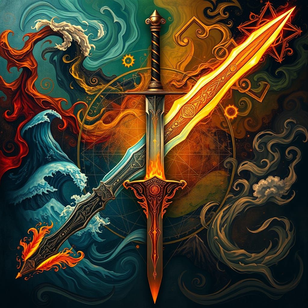 Create an image of a magical sword surrounded by sacred geometry, which ...
