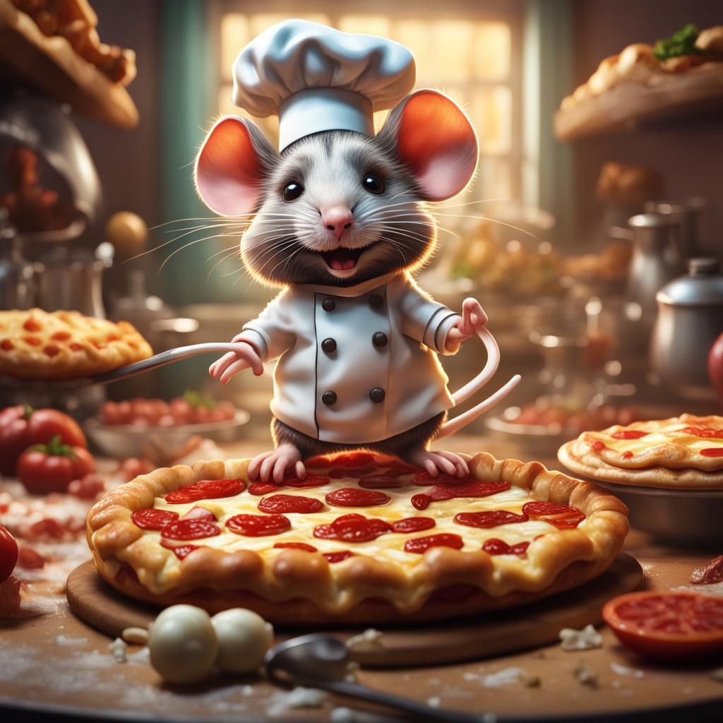 Cinematic adorable mouse wearing chef hat, chef suit, thick pie made of ...