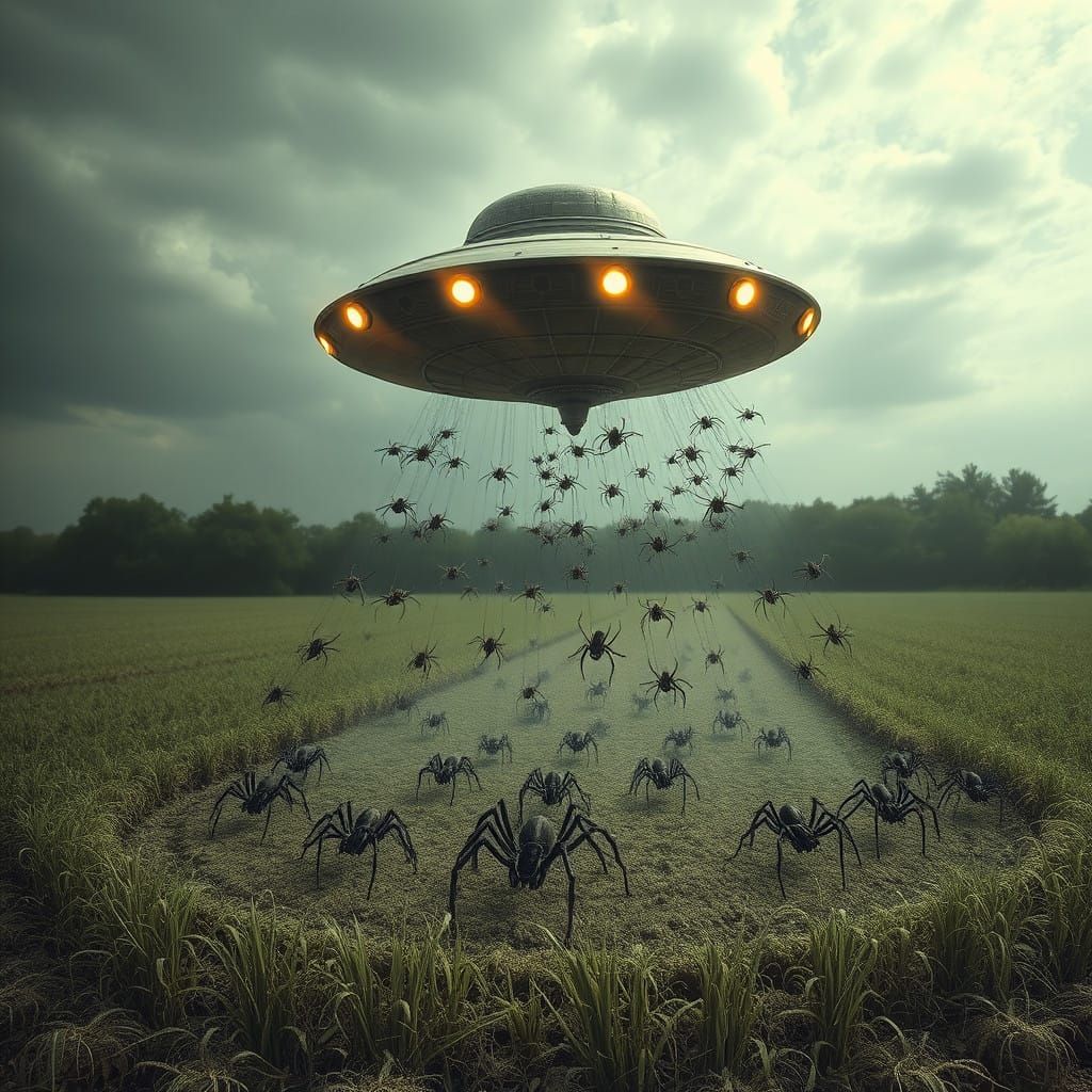 swarm of alien spiders disembarking from a Flying Saucer for lunch, creating a crop circle