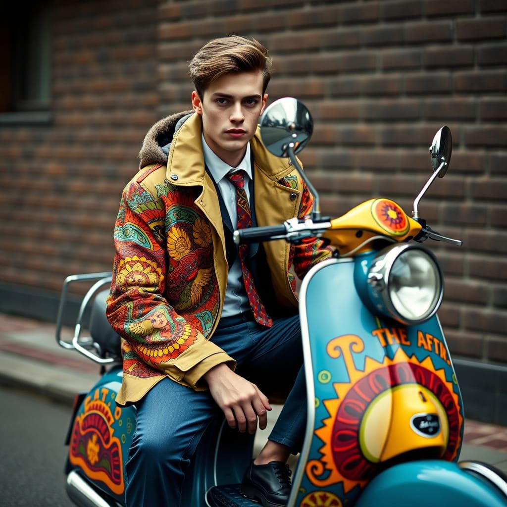 Mod wearing a parka on a mod scooter wrapped in "athena" artwork