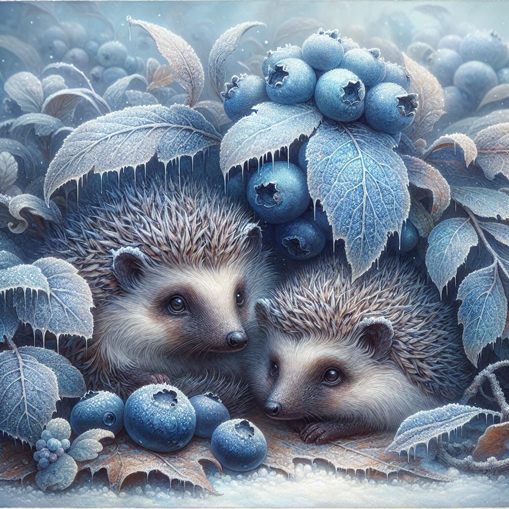 two hedgehogs lying under a pile of frozen tiled leaves