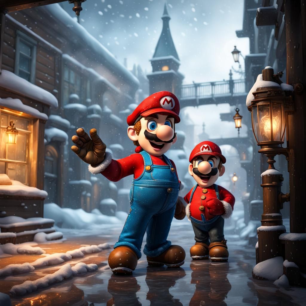steam punk winter land frozen adventures of Mario ,snow,blizzard, big ...