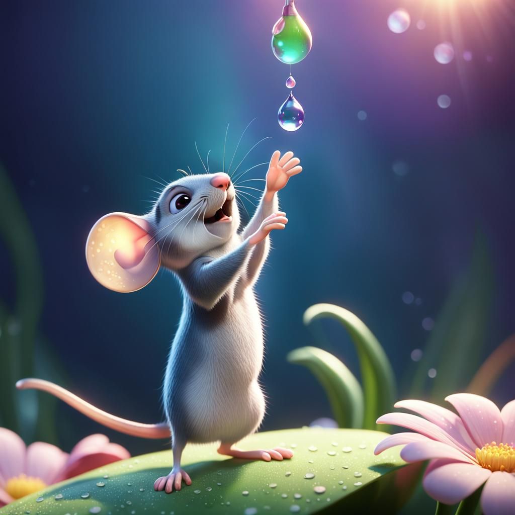 a mouse reaching up to a dew drop hanging from a flower petal - AI ...