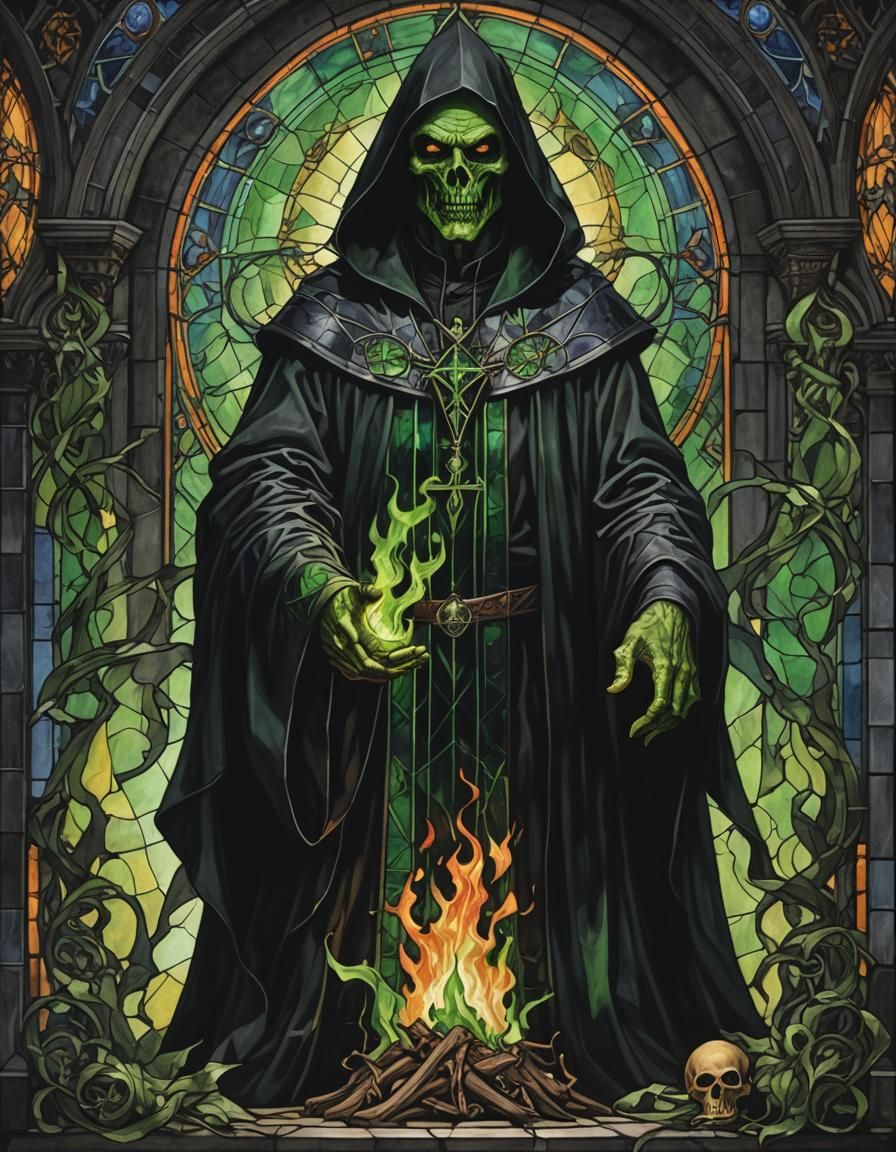 dark gothic stained glass satanic dark cultist in black robe with green ...