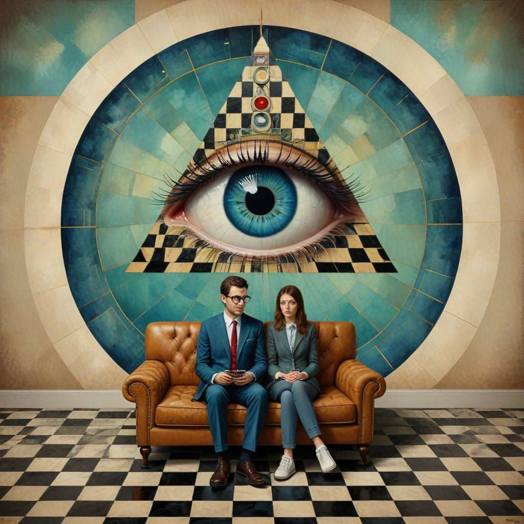 Surrealism, all seeing eye, waiting room,checker b... - AI Art