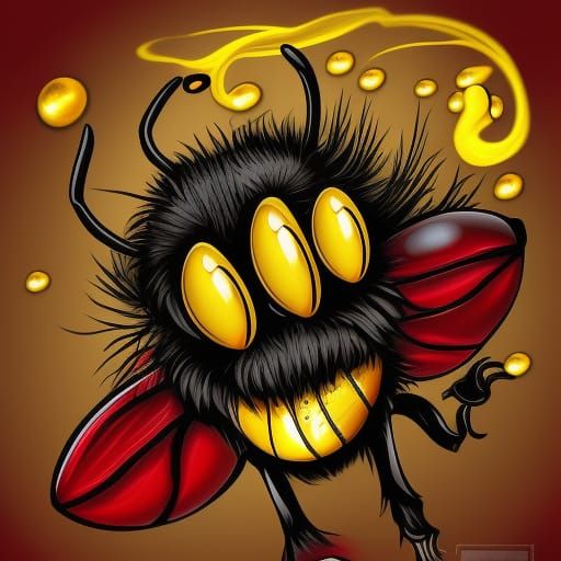 Possessed bee with golden honey dripping from evil red and black eyes ...