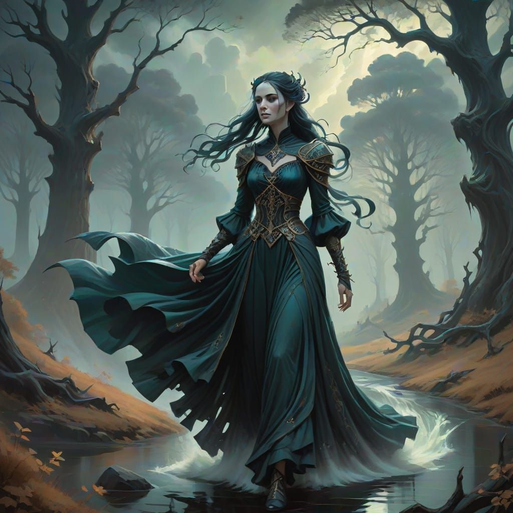 Gothic Fantasy Goddess in Dark, Dreamlike Landscap... - AI Art