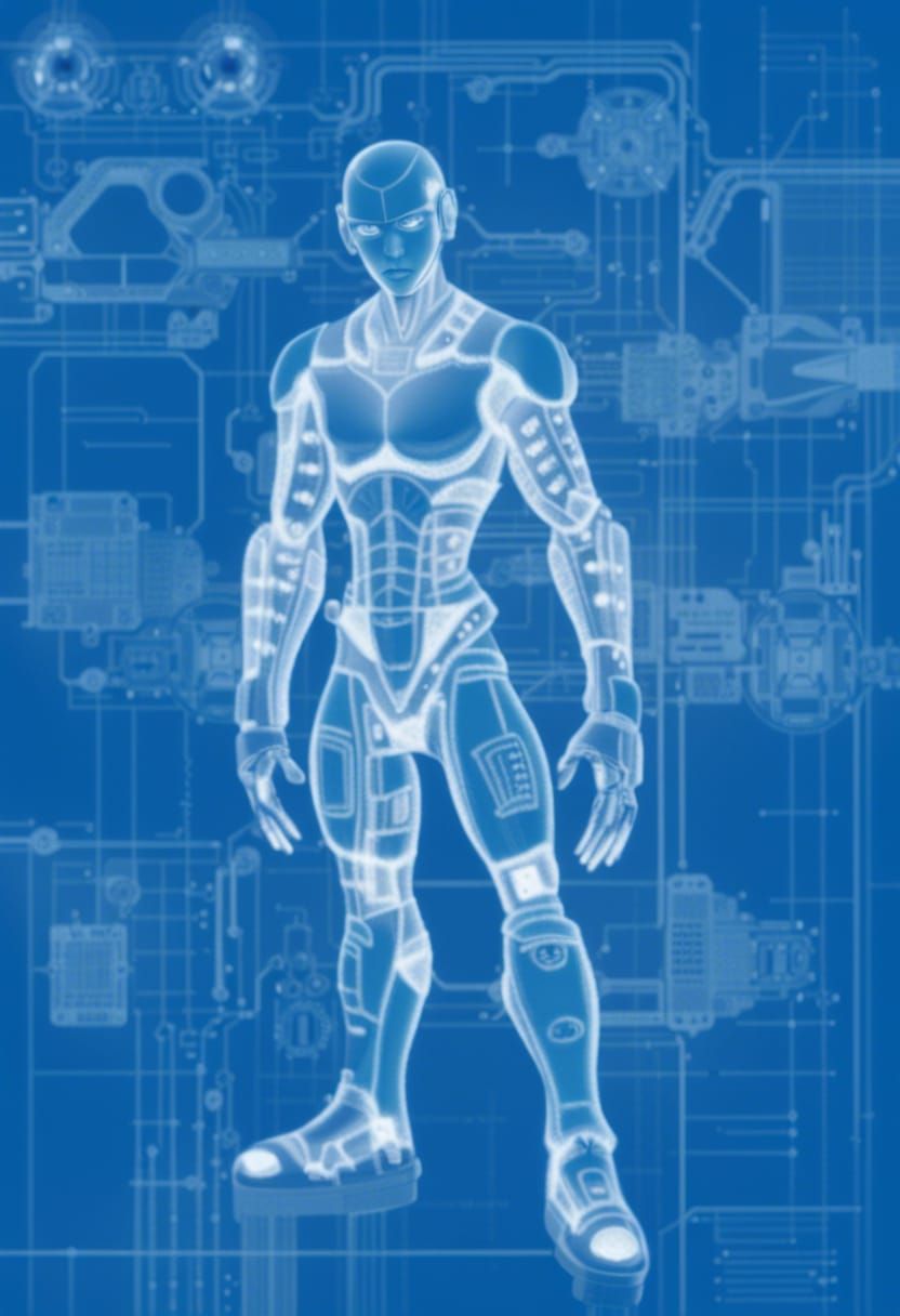 Blue cyborg Blueprints - AI Generated Artwork - NightCafe Creator