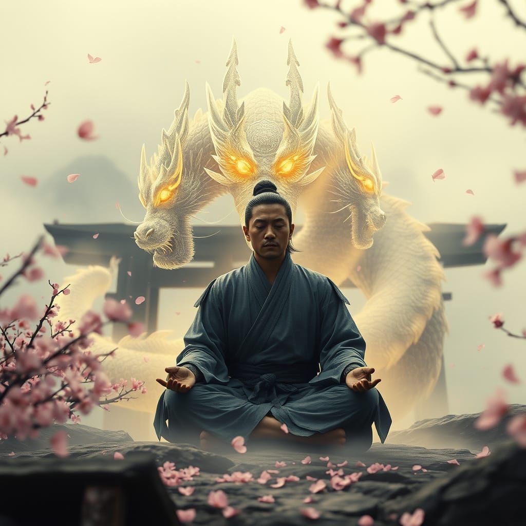 Ethereal Dragon Spirit Guards Tranquil Samurai in ... - AI Art