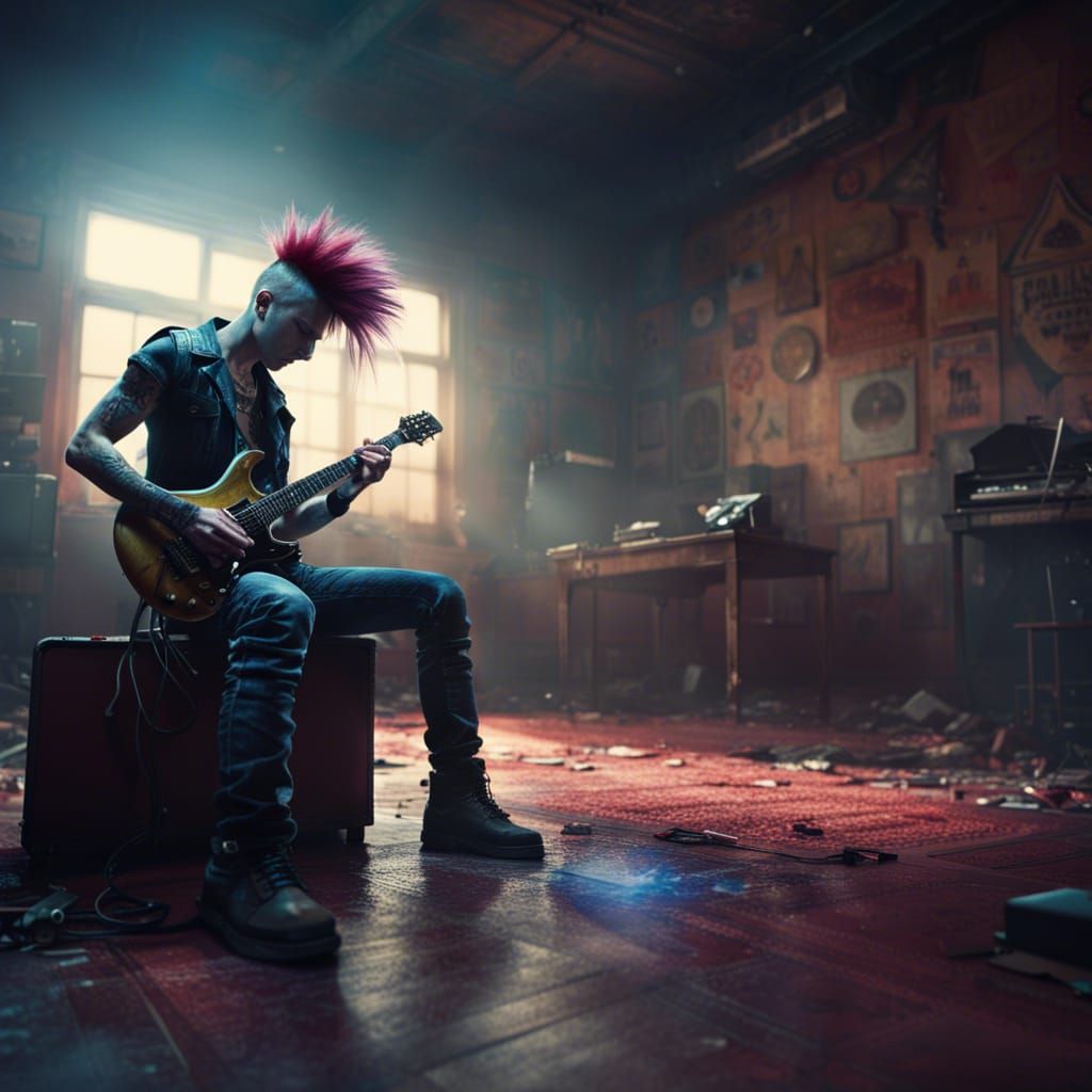 A male punk artist in an empty room playing electric guitar clearly ...