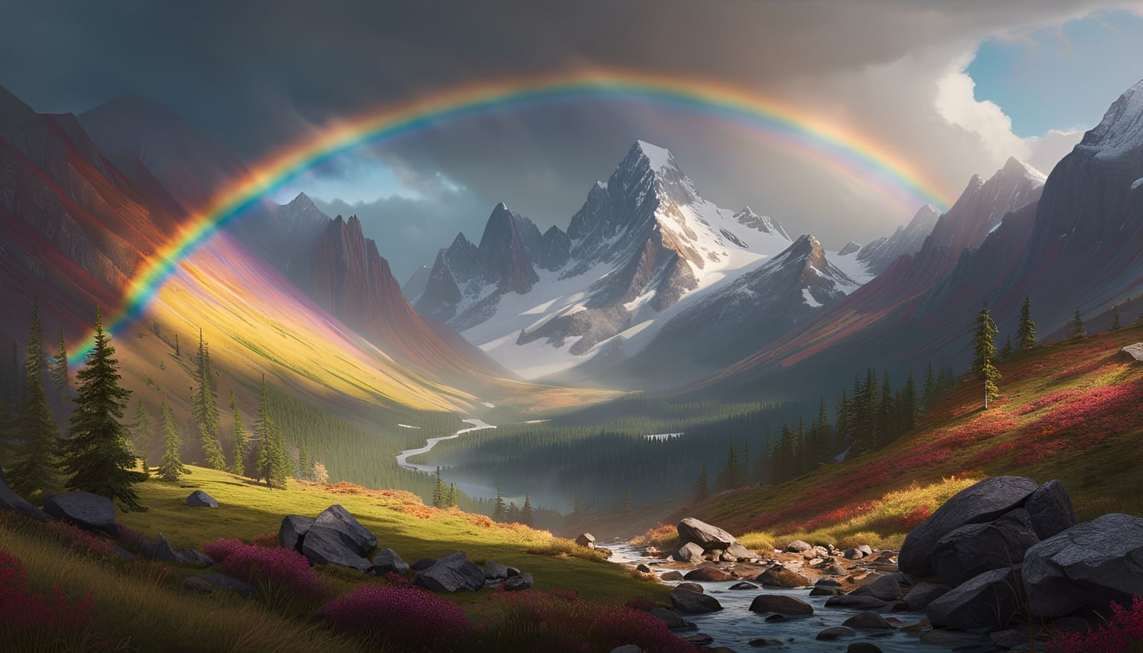 Insanely detailed mountain scape view with a bright beautiful rainbow ...